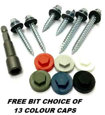 TEK ROOFING SCREWS WITH SEALING WASHER FIX TO TIMBER + COLOUR CAPS & FREE BIT | eBay UK