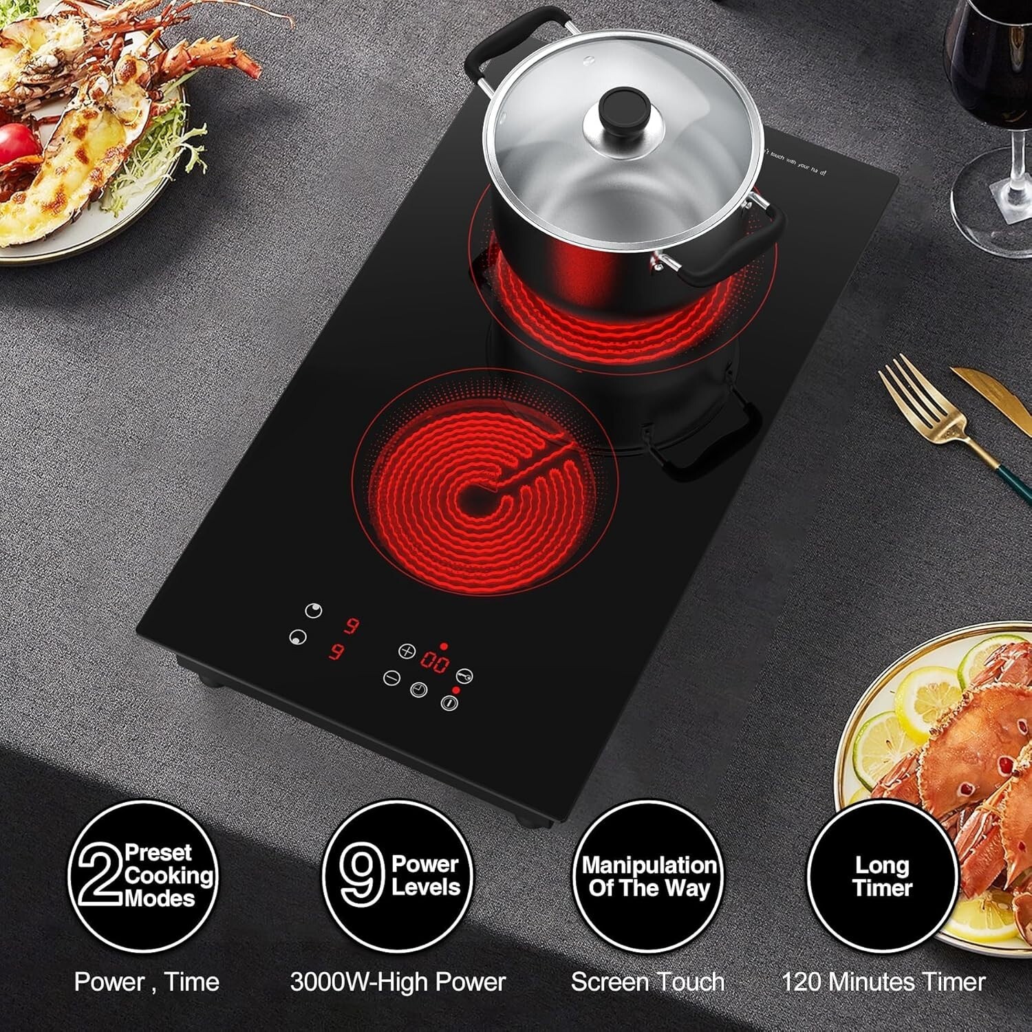 Electric Cooktop 3,000Watts Built-in & Countertop Plug in 2 Burner ...