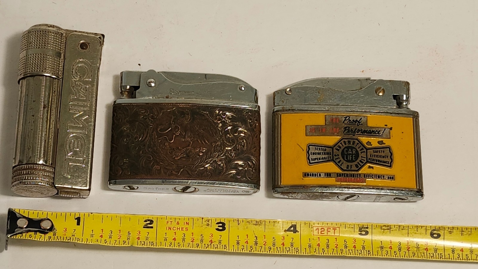 3 Old Cigarette Lighters Brother Automatic, Rolex Japan Camel Firebird ...