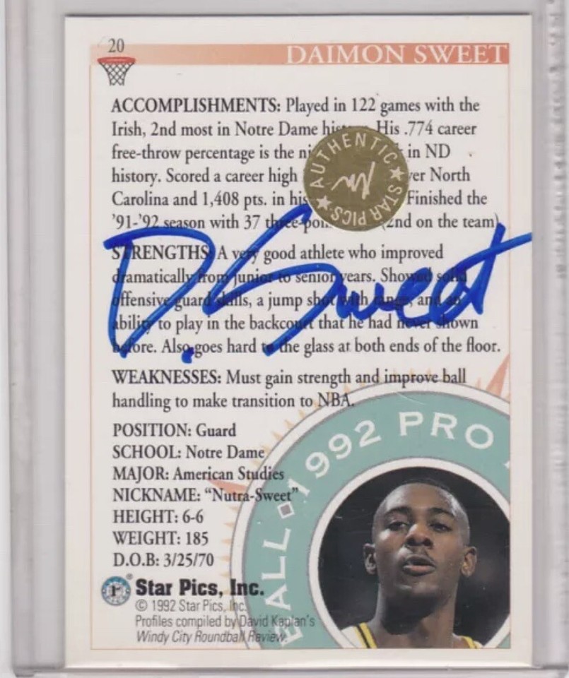 DAIMON SWEET NOTRE DAME IRISH BASKETBALL 1992 STAR PICS AUTO AUTOGRAPH ...