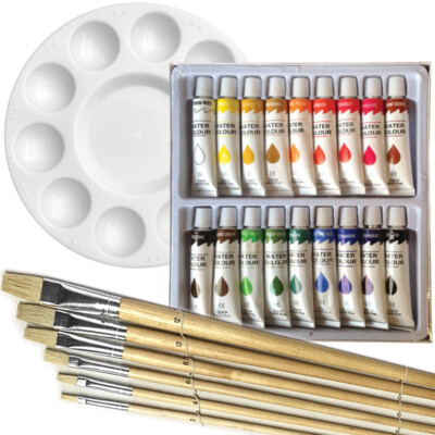 18 WATERCOLOR COLOR Painting Paint Set + 6 Brush Set w/ ROUND Palette ...