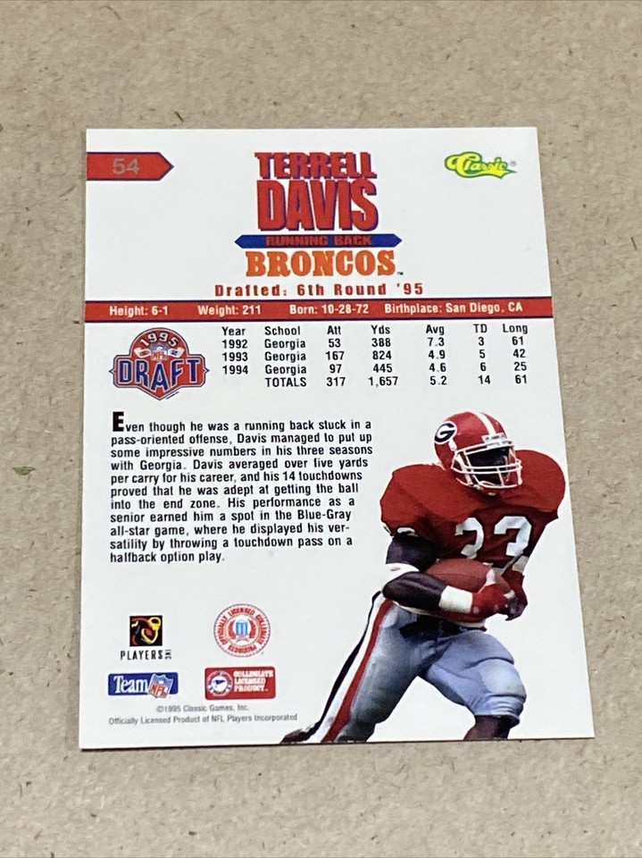 Vtg 1995 Classic NFL Draft #54 TERRELL DAVIS Denver Broncos GA Bulldogs ...