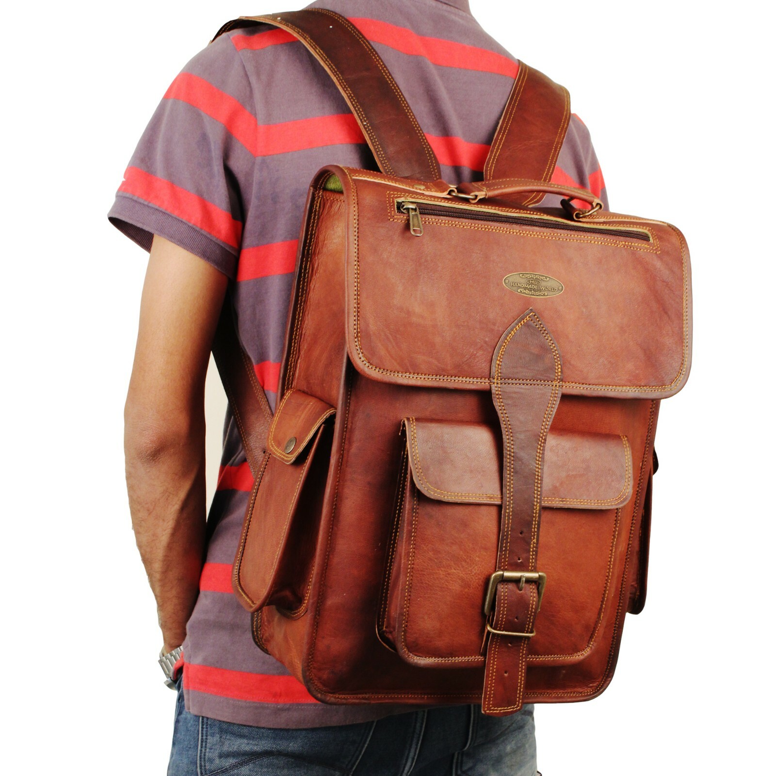 New Large Men Leather Backpack Bag Genuine Laptop Men's Rucksack Travel ...