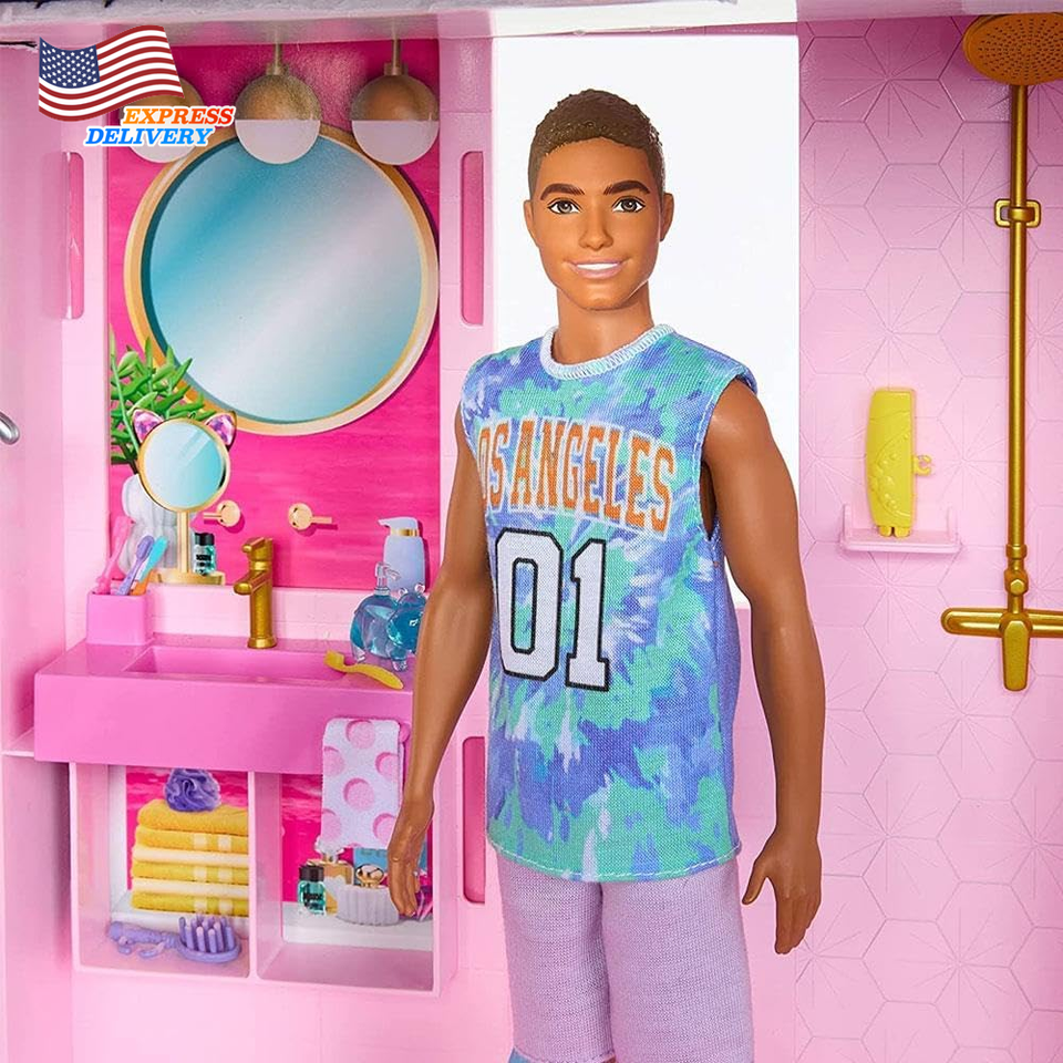 Barbie Dreamhouse 75+ Pieces Pool Party Doll House with 3 Story Slide ...