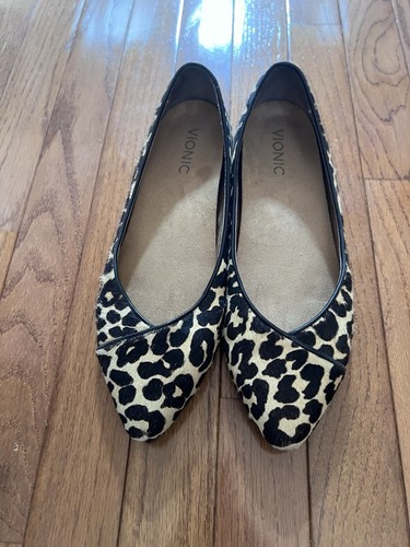 Vionic Caballo Leopard Print Cow Fur Hide Pointed Toe Orthotic Ballet ...