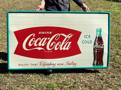 Large Tin Coca Cola Sign Fishtail Green Pin Stripes Refreshing New ...