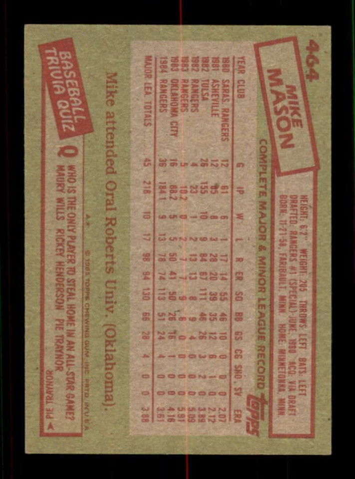 1985 Topps #464 Mike Mason AUTOGRAPHED!!! RC Rookie Rangers 236111 | eBay