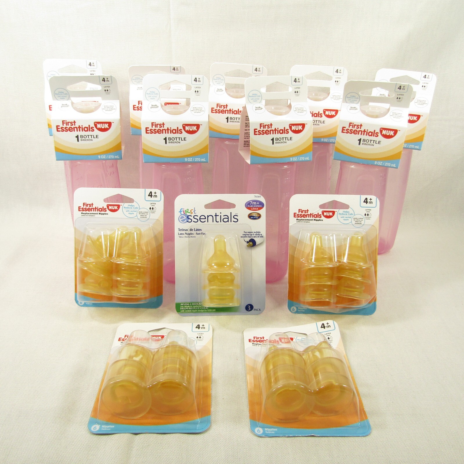 NUK First Essentials Bottle LOT pink baby bottles Latex nipples 4 ...
