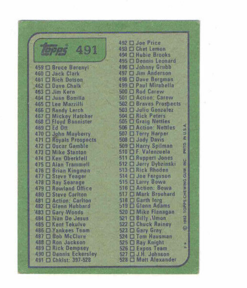 1982 Topps Baseball Checklist #491 Cards 397-528 #Baseball Card | eBay