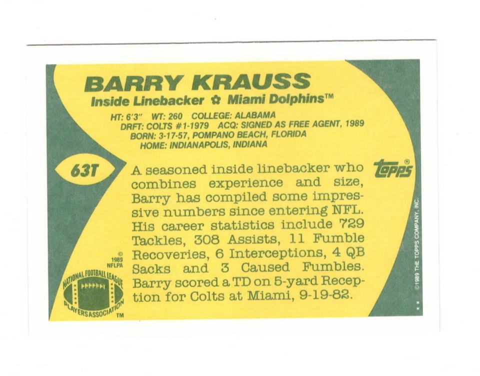 1989 Topps Traded #63T Barry Krauss Mint | eBay