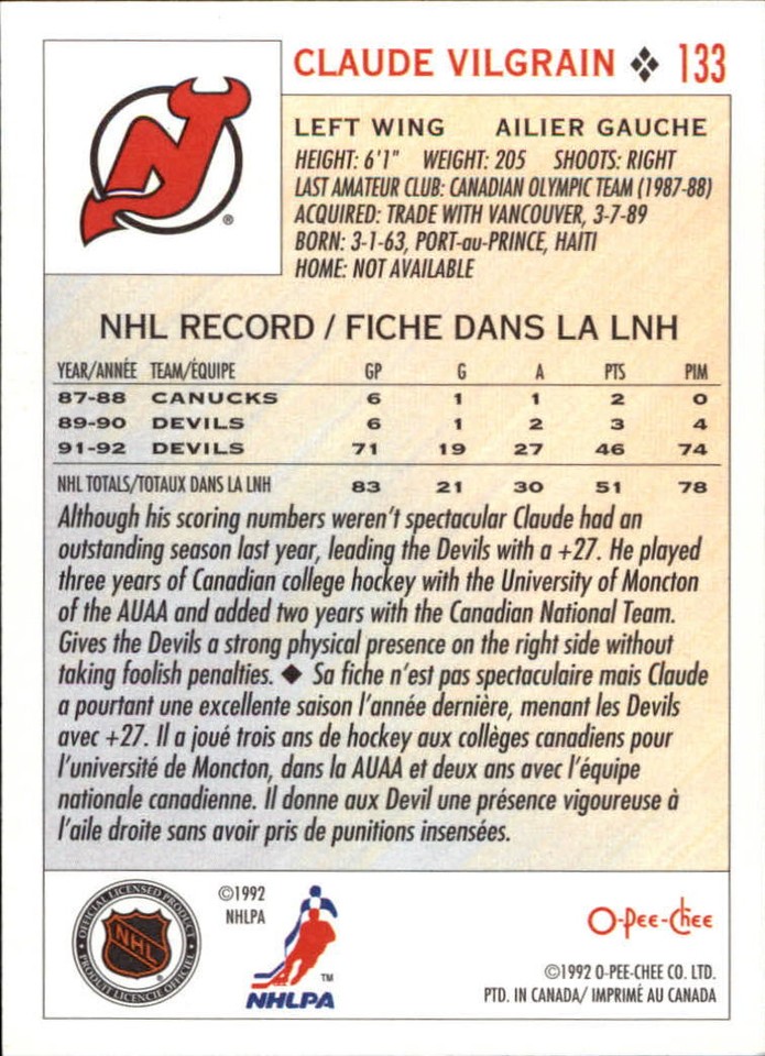 1992-93 O-Pee-Chee #133 Claude Vilgrain | eBay