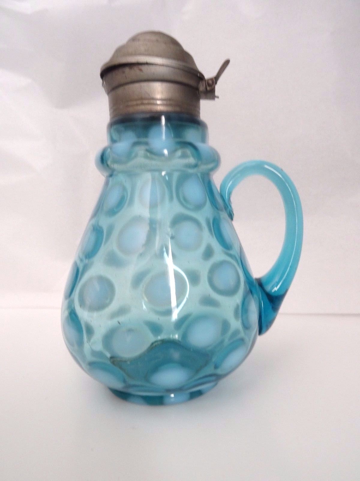 1880s HOBBS Brockunier Glass BLUE OPALESCENT RING NECK SYRUP COIN SPOT ...