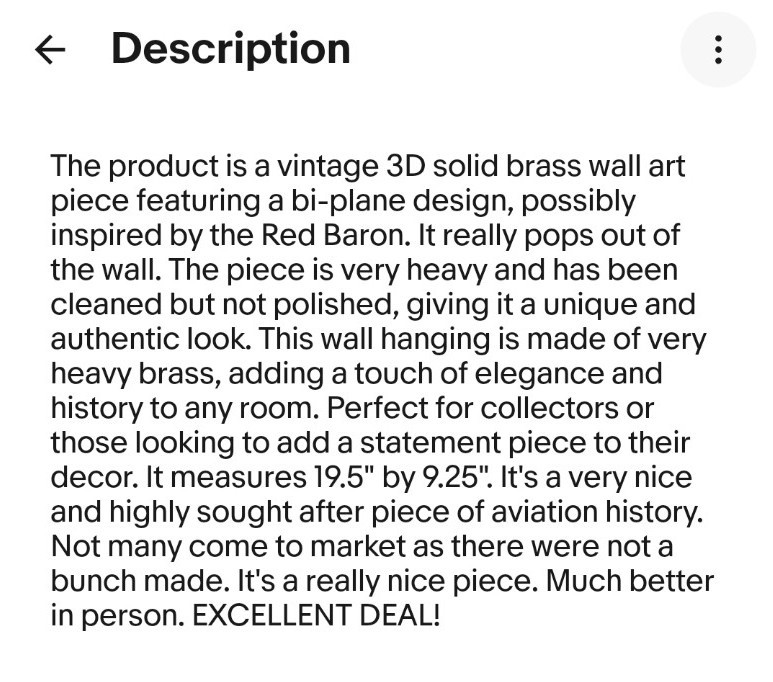 Vtg Solid Brass Wall Art Bi-Plane 19.5" x 9.25" Red Baron Heavy Not ...