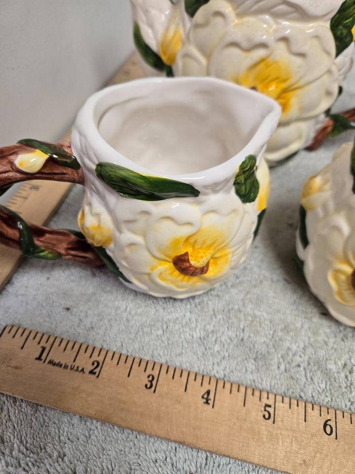9 piece tea pot, creamer, sugar, salt & pepper shakers, white floral ...