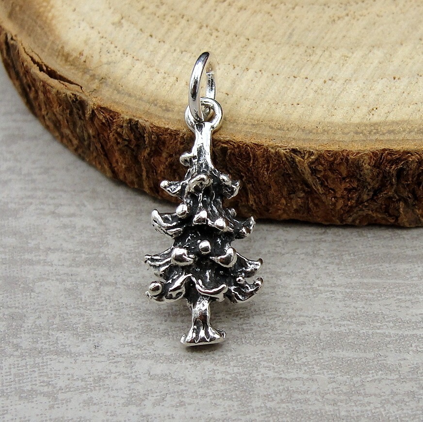 925 Sterling Silver Christmas Tree Charm - 3D Pine Tree Charm ...