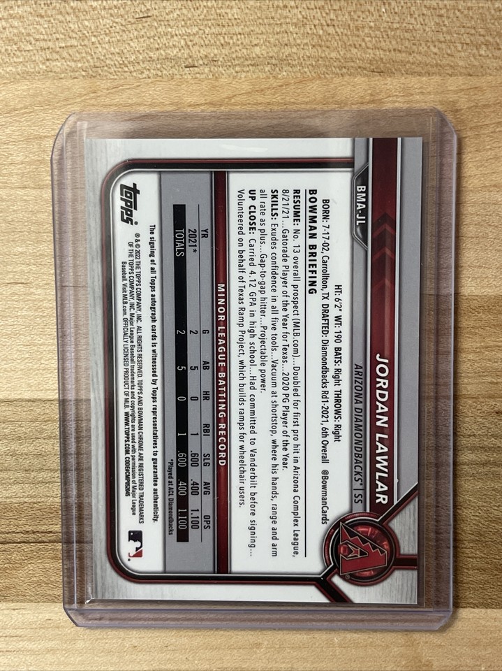 2022 Bowman Chrome Jordan Lawlar On Card Auto MOJO Refractor BMA-JL ...