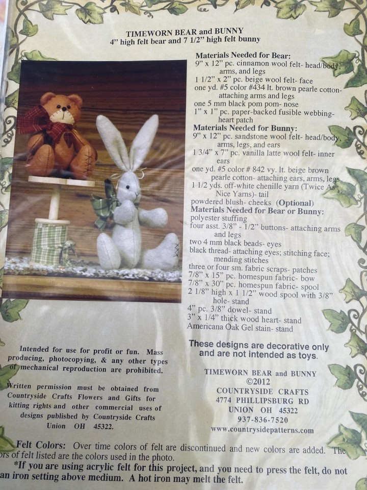 2 Countryside Crafts Felt Here Kitty Kitty Cats & Timeworn Bear & Bunny ...