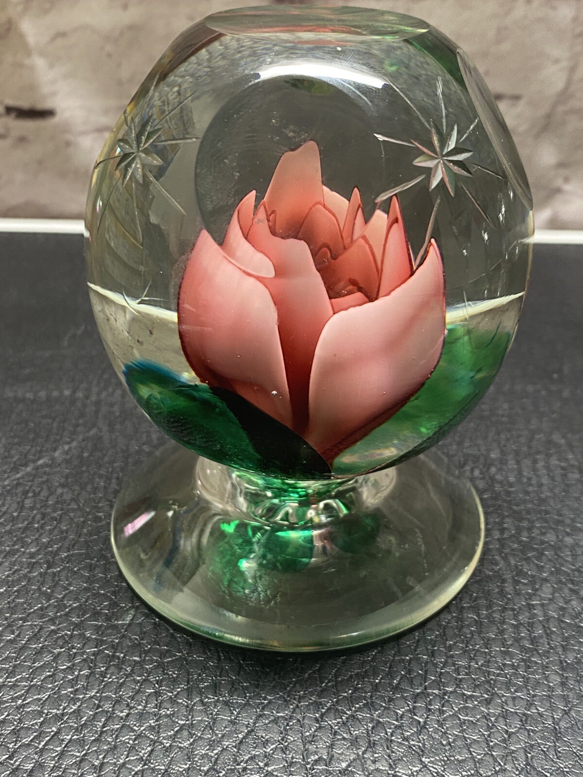 RARE JOE ST. CLAIR SIGNED FOOTED PINK ROSE ETCHED PAPERWEIGHT 4 1/2 ...