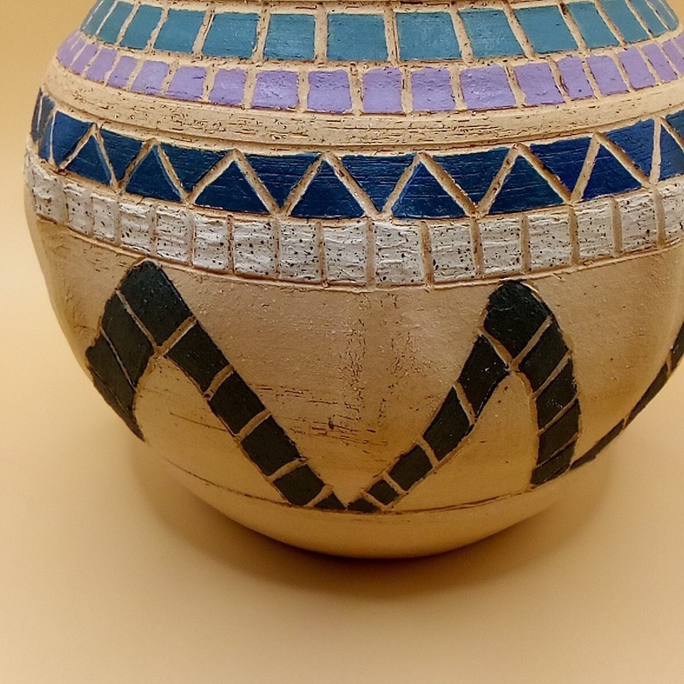 Signed Hand Painted Pottery Bowl Weaved Collar Native Tribal Planter 7 ...