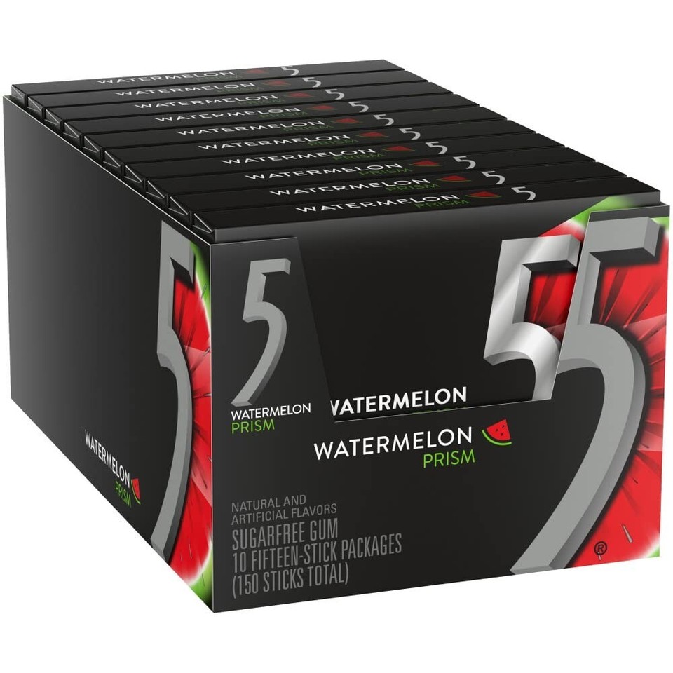 Wrigley's 5 Gum Watermelon Prism Sugarfree Gum 15 Piece (10 Pack) FAST ...