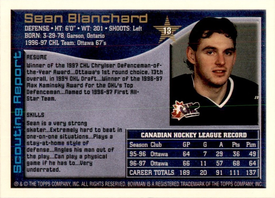 1997-98 Bowman CHL Sean Blanchard Ottawa 67's #13 Canadian League Hockey | eBay