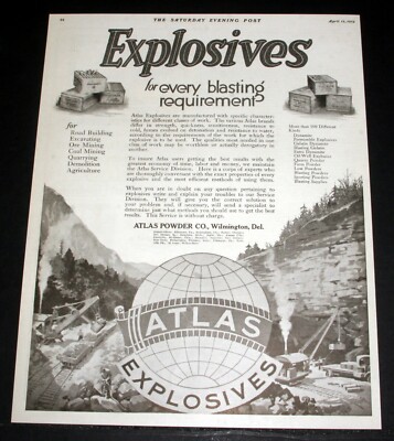 1919 OLD MAGAZINE PRINT AD, ATLAS POWDER, EXPLOSIVIES FOR BLASTING ...