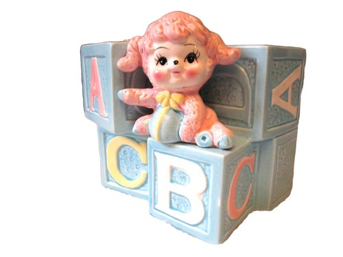 VINTAGE CERAMIC LAMB ABC BLOCKS PLANTER MUSIC BOX WORKING MID CENTURY ...
