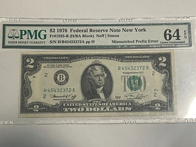 ERROR MISMATCHED BLOCK LETTERS HA / BA 1976 BICENTENNIAL $2.00 NOTE PMG ...