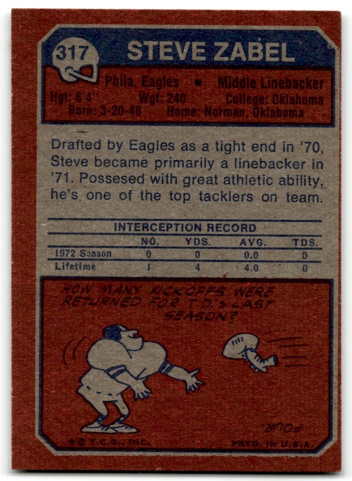 1973 Topps Steve Zabel Philadelphia Eagles #317 | eBay