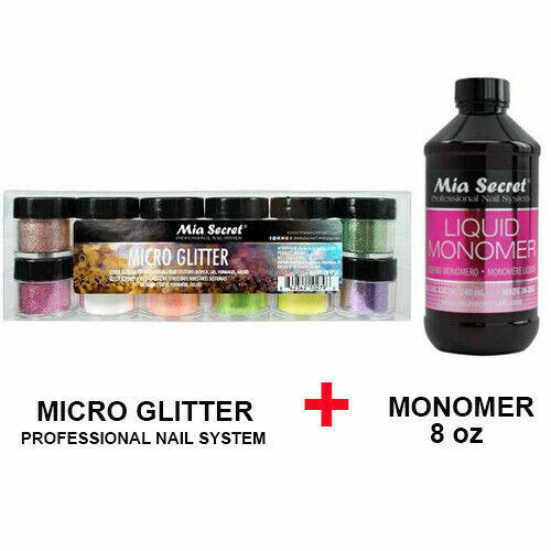 Mia Secret Acrylic Powder MICRO GLITTER 12 Color Set + Monomer 8oz ...