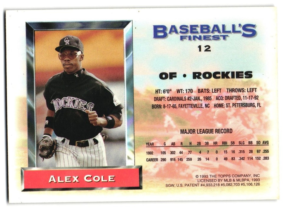 Alex Cole 1993 Topps Finest MLB Card # 12 | eBay