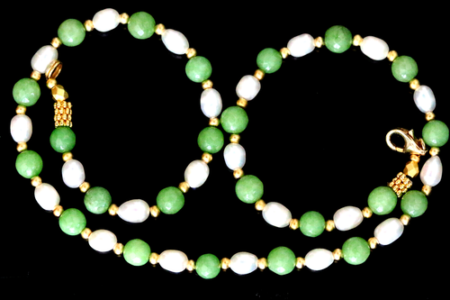 Necklace With Genuine Natural Green Jade & Fresh Water Pearls Beads 625 ...