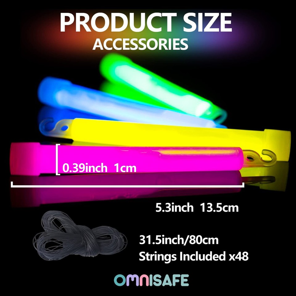 48 Pack 6 Inch Ultra Bright Large Glow Sticks 10 Hr+ Long Lasting Light ...