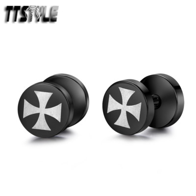 TTStyle Black Surgical Steel Round IRON Cross Earrings Pair | eBay