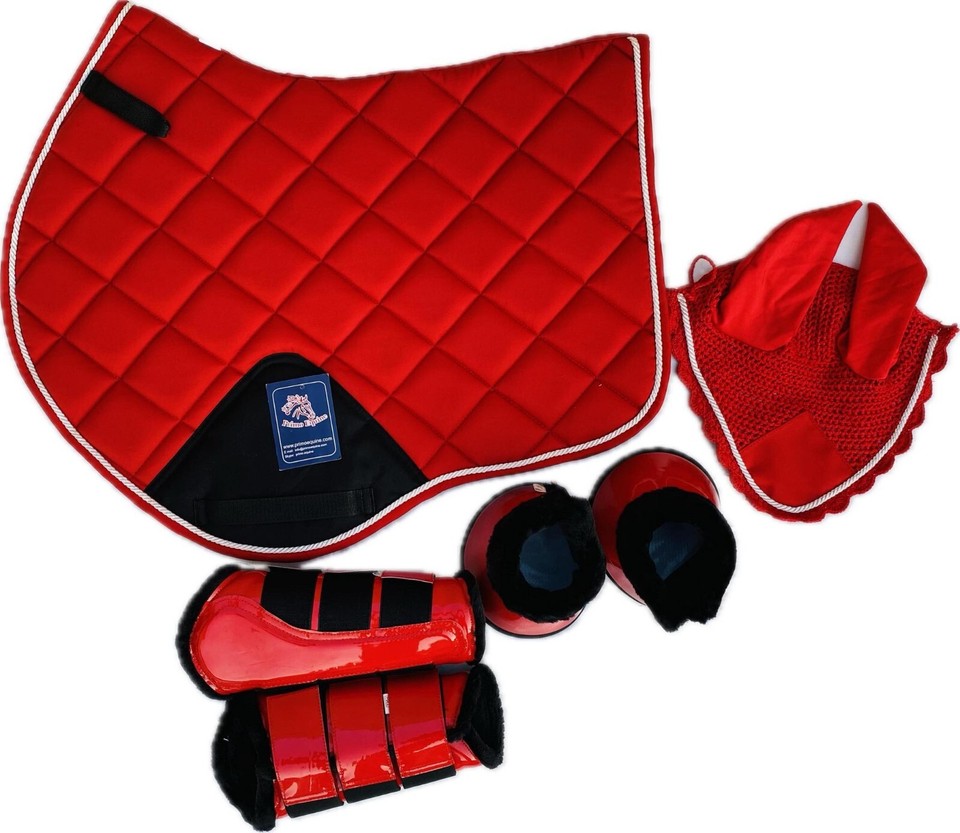 Matchy Jumping Saddle Pad Set, Ear Net/Brushing Boots/Bell Boots Red ...