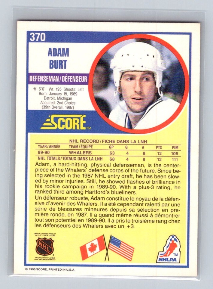 1990-91 Score Canadian #370 Adam Burt RC Hartford Whalers | eBay