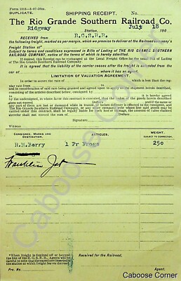 RGS Rio Grande Southern Railroad Form 1018 Shipping Receipt Ridgway ...