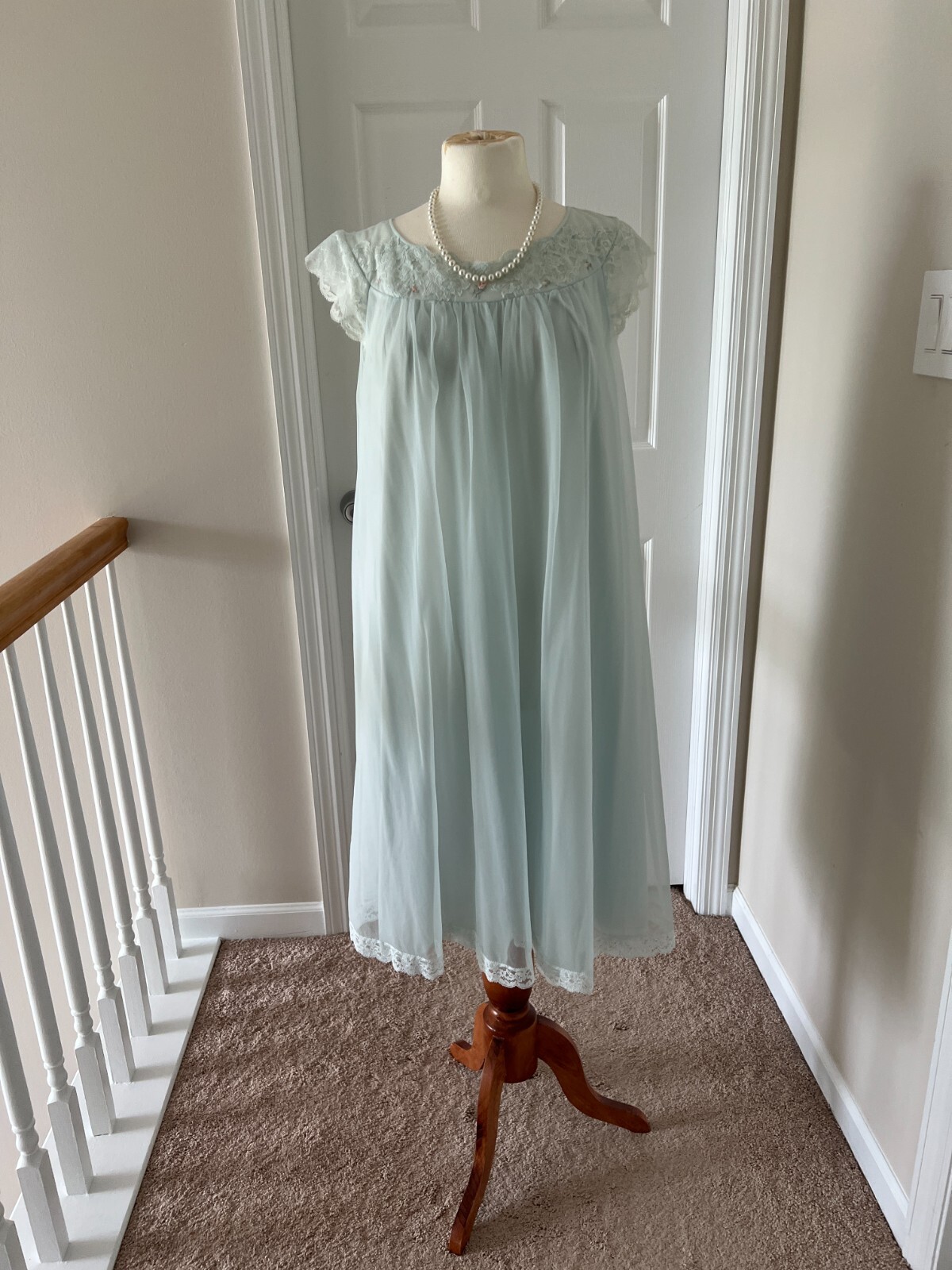 Vintage Nightgown Set Medium Robe & Gown Double Chiffon PEIGNOIR Green ...