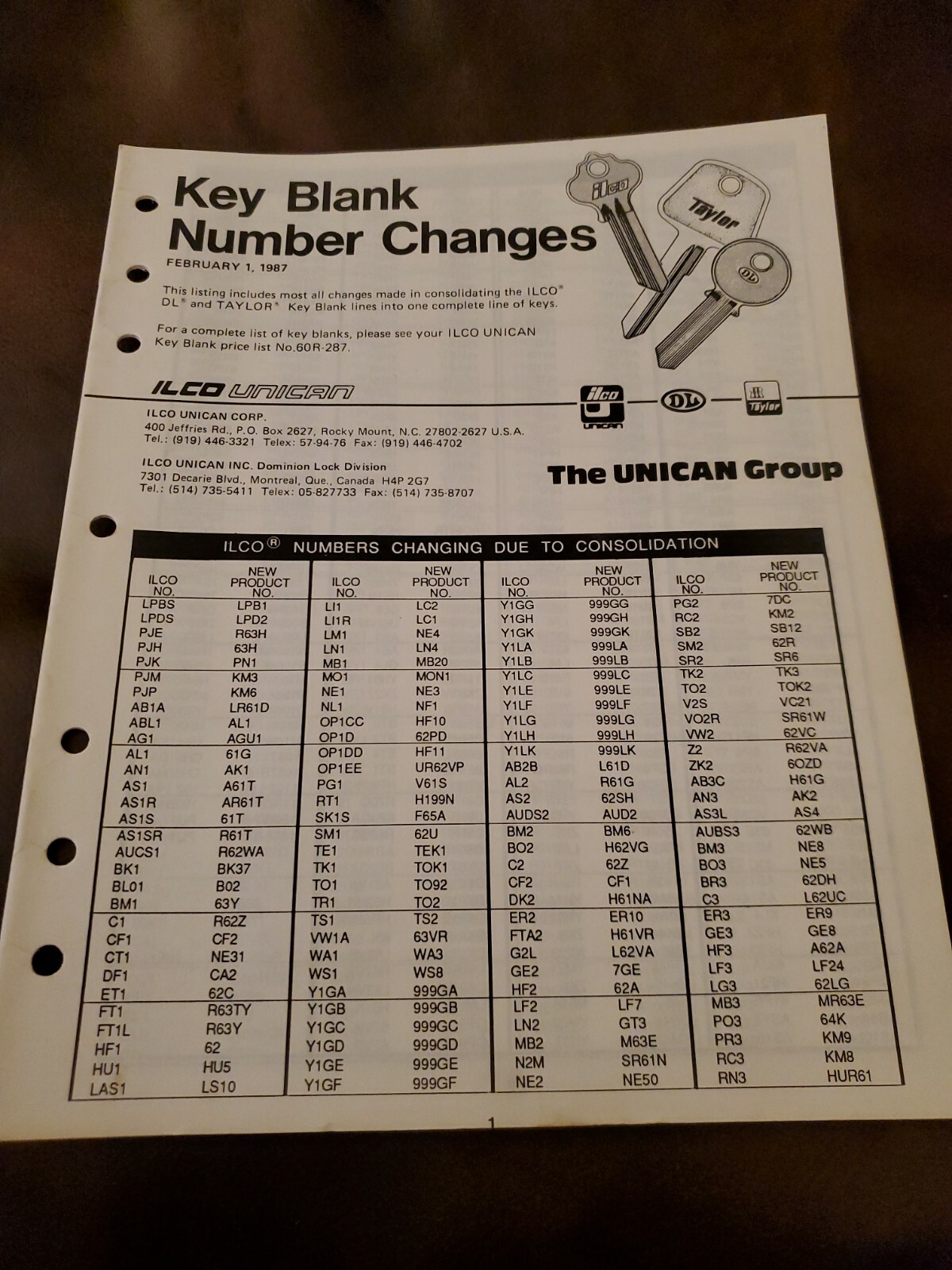 Ilco Unican Key Blank Number Changes, 1987 | eBay
