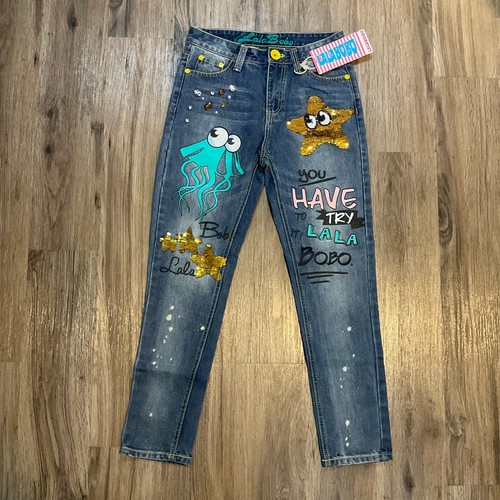 New Lala Bobo Jeans Vintage Blue Denim Graphic Print Sequin Size 29 NWT ...