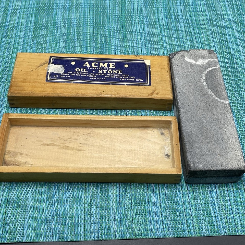 Vtg ACME COMBINATION OIL STONE in Original Dovetail Wood Box Sharpening ...
