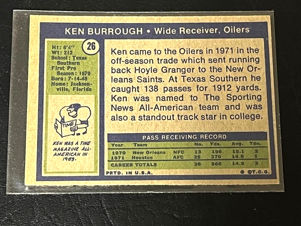 KEN BURROUGH ROOKIE 1972 TOPPS FOOTBALL RC CARD #26 Houston Oilers ...
