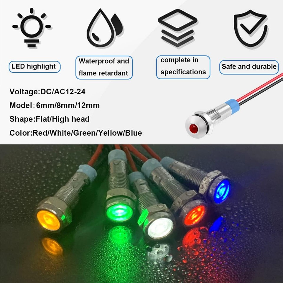 1/4'' Red 6mm LED Panel Indicator Signal Light AC/DC 12-24V Metal Pilot ...