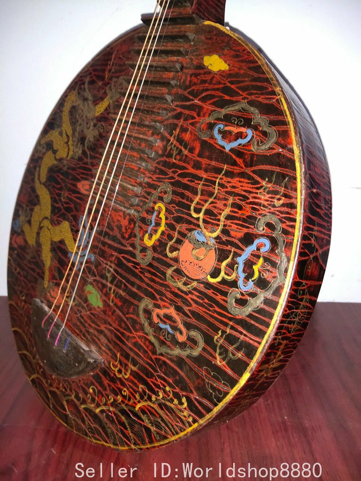 29.2" Old Chinese wood lacquerwork dragon musical instrument pipa erhu ...