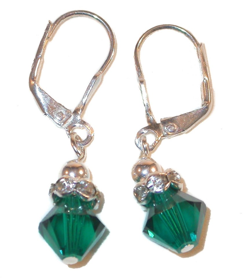 EMERALD Crystal MAY Birthstone Earrings 8mm Sterling Silver Swarovski ...