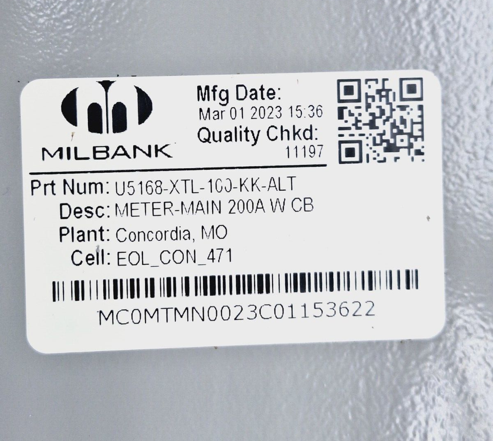 MILBANK U5168-XTL-100-KK-ALT RINGLESS MAIN METER SOCKET 100A 240V LOAD ...