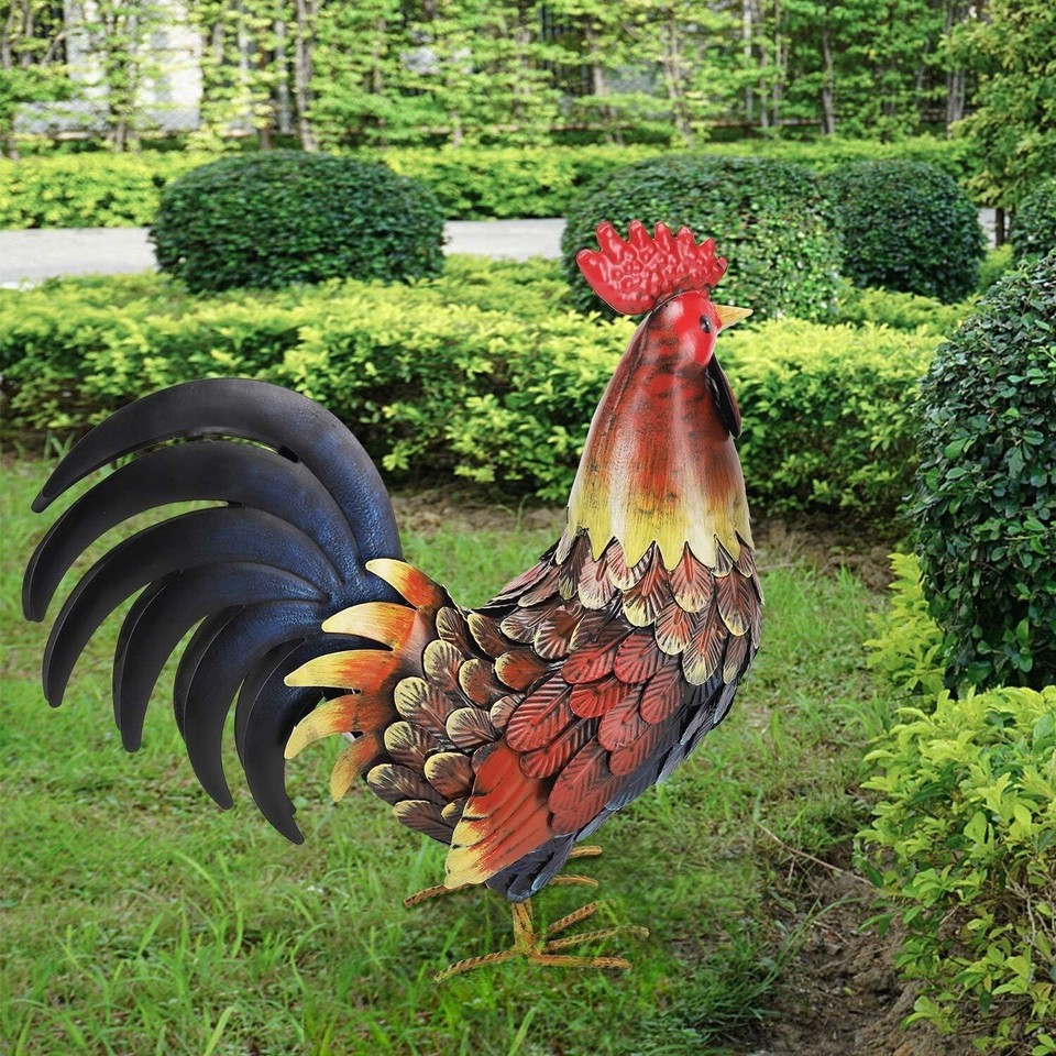Metal Rooster Statue Yard Art Large Figurine Sculpture Lawn Chicken ...