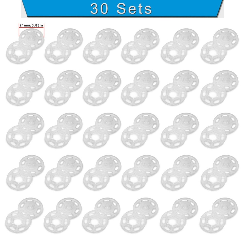 30 Sets Plastic Snaps Buttons Clear Sew on Fasteners 21mm Clothing ...