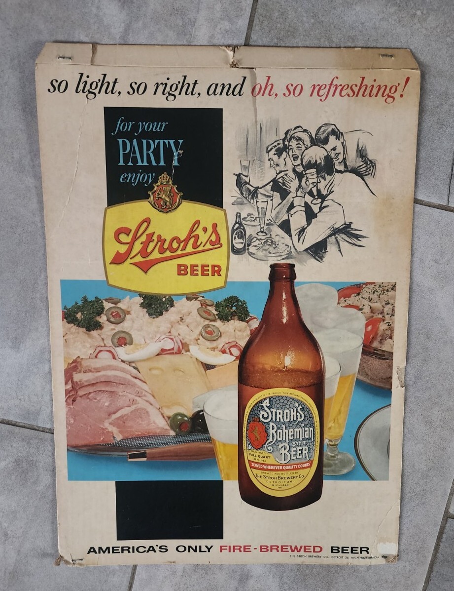 Vtg 1950-60s STROH'S BOHEMIAN BEER Sign Cardboard Detroit MI Extremely ...