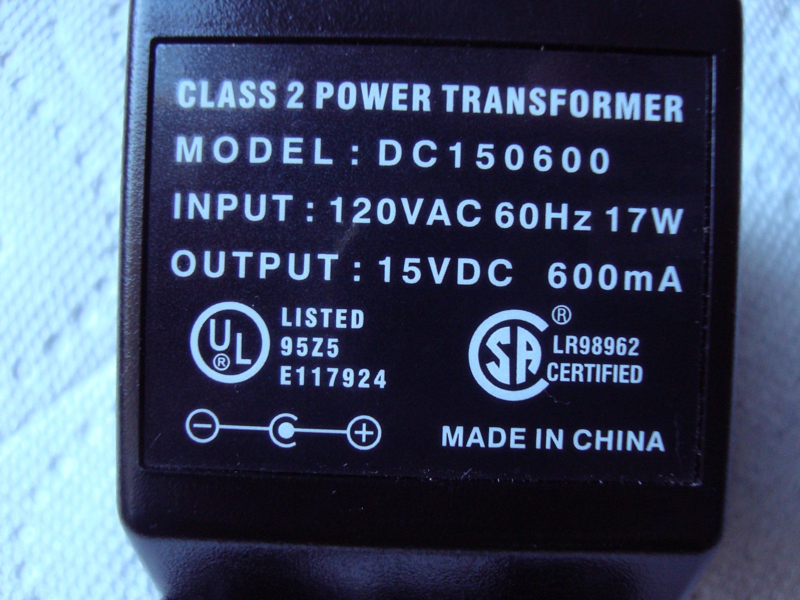 One Class 2 Power Transformer DC50600 Input: 120VAC 60Hz 17W Output ...